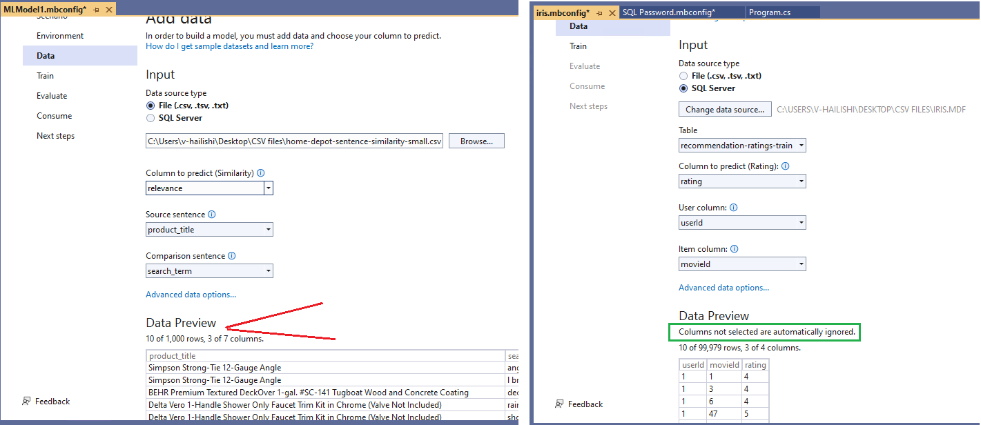 Sentence similarity: Message "Columns not selected are automatically ignored." should be showed ...