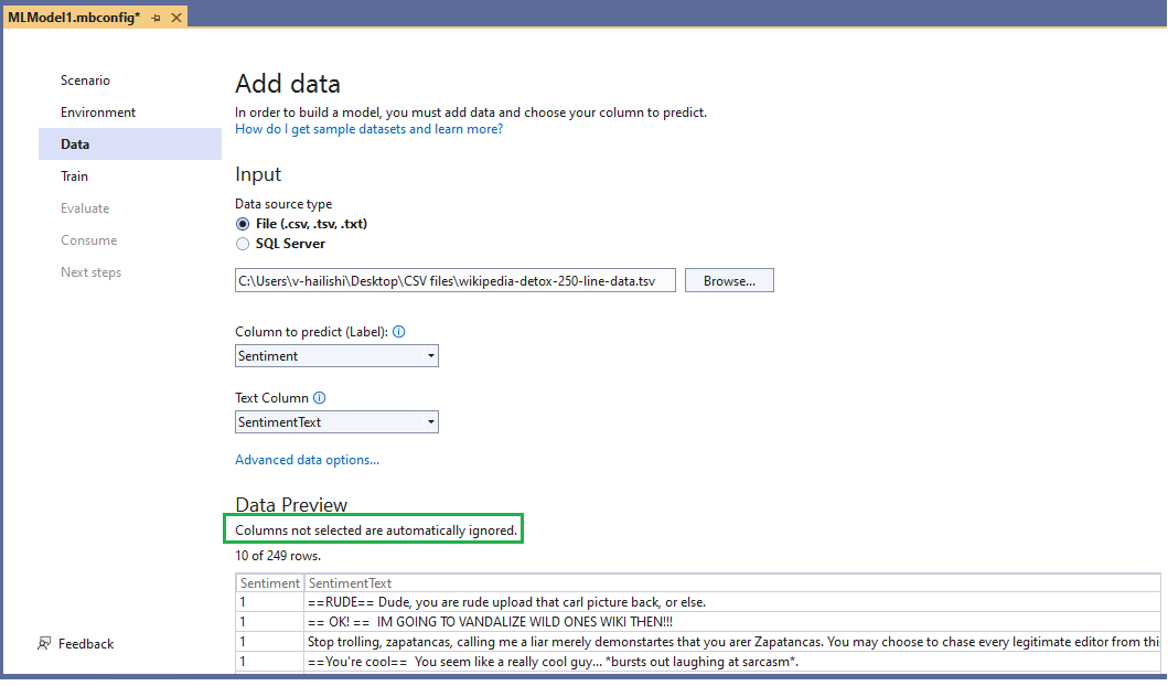 Text classification: Message "Columns not selected are automatically ignored." should be showed ...