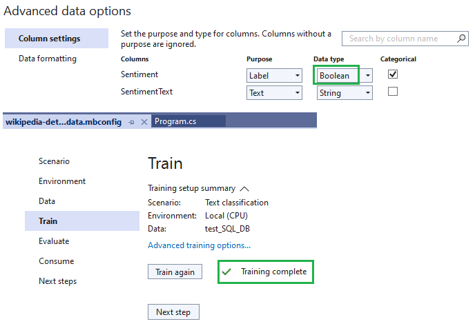 Text classification: Training failed with error "Column 'Sentiment' has type Boolean which does ...