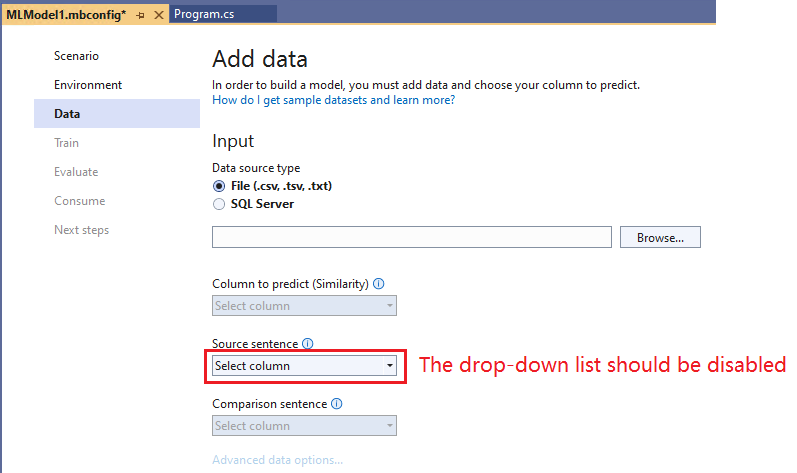 Sentence similarity: The drop-down list of "Source sentence" should be disabled on the Data page ...