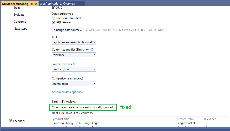 Sentence similarity: Message "Columns not selected are automatically ignored." should be showed ...