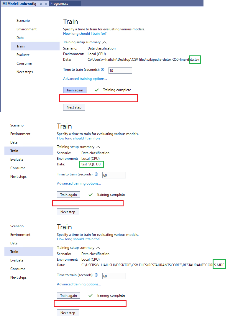 All scenarios: The training results are missing on the Train page ...