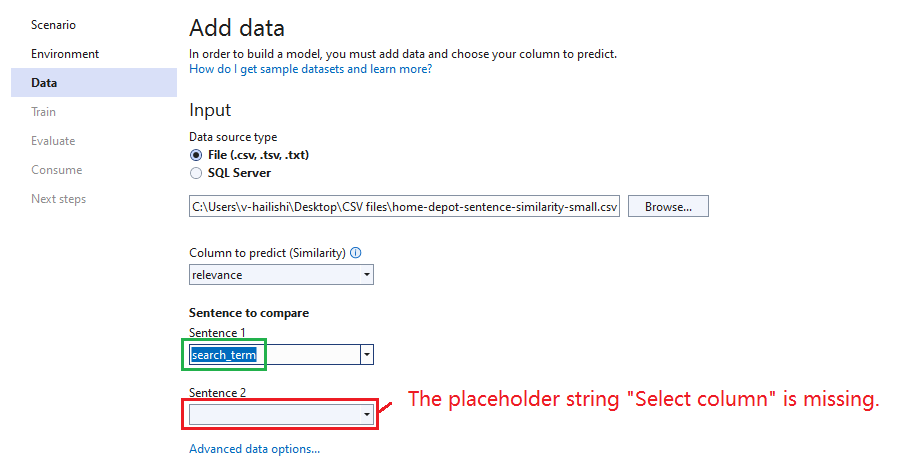 Sentence similarity: The placeholder string "Select column" is missing ...