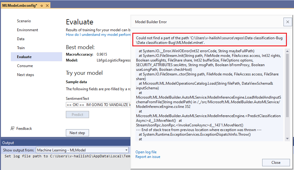 All scenarios: Evaluate failed with error "Could not find a part of the path '...\MLModel.mlnet ...