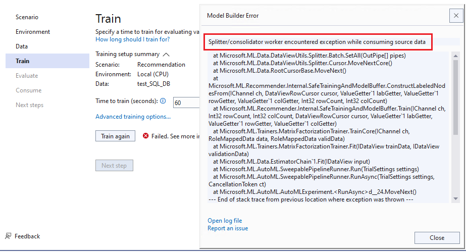 Recommendation: Training failed when choosing "timestamp" column as "Label" for SQL Server data ...