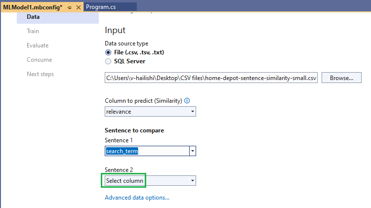 Sentence similarity: The placeholder string "Select column" is missing for drop-down list under ...