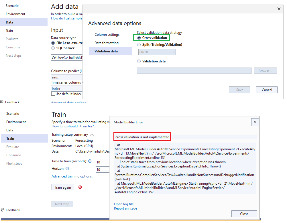 Forecasting: Training failed with error "cross validation is not implemented" or "length doesn't ...
