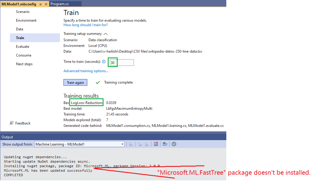 Data classification: "Microsoft.ML.FastTree" package cannot be installed automatically after the ...