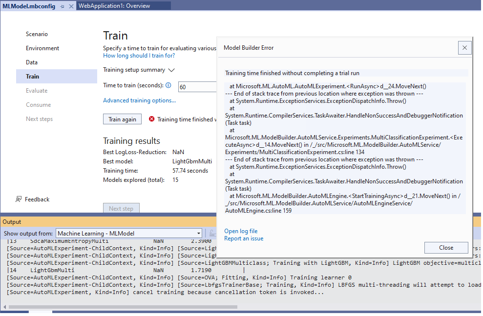 Data classification: Training time finished without completing a trial run when using metric ...