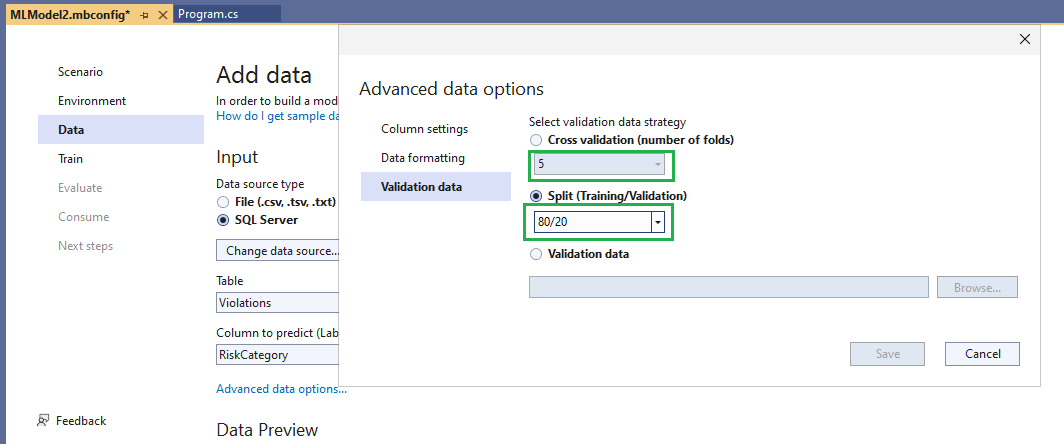 The default value is blank on the "Advanced data options->Validation data" dialog for SQL Server ...