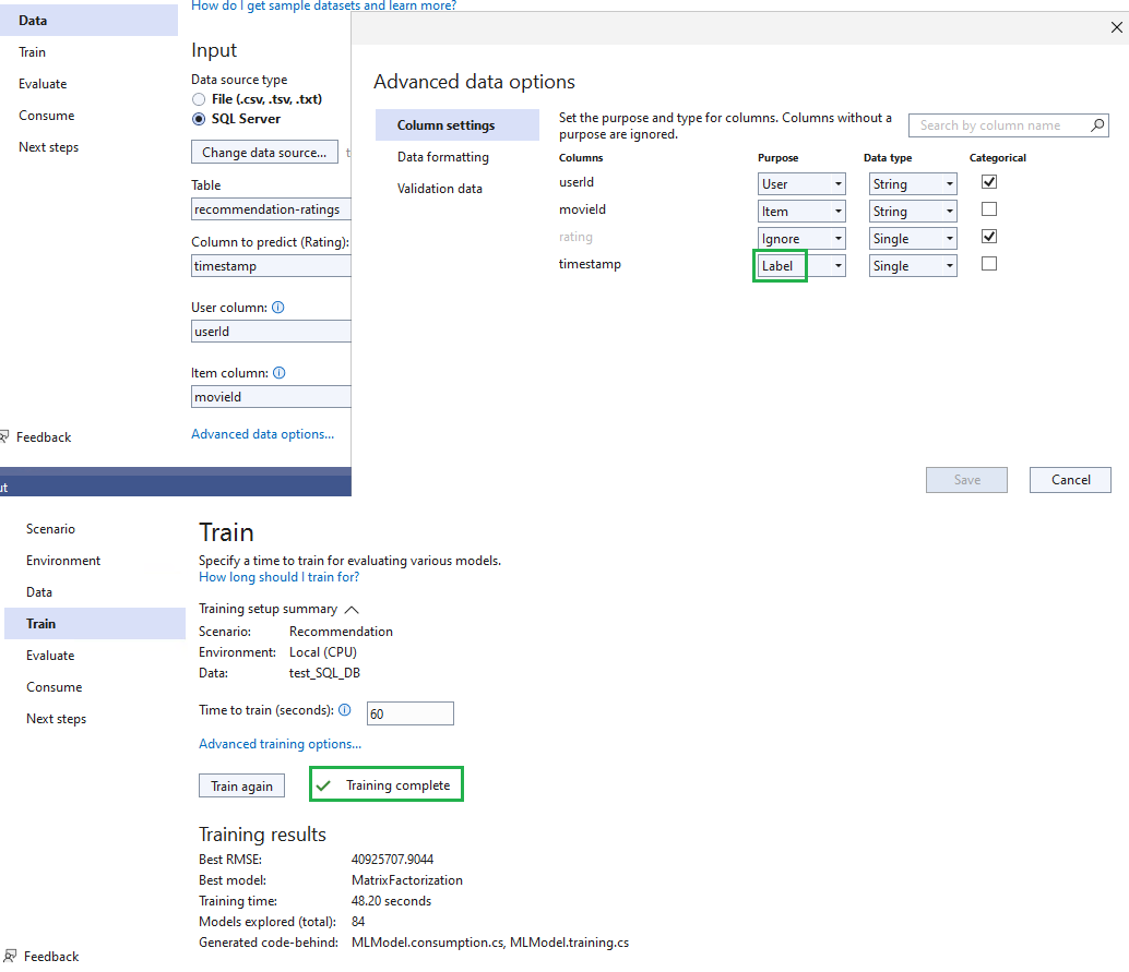 Recommendation: Training failed when choosing "timestamp" column as "Label" for SQL Server data ...