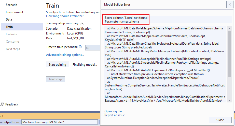 Data classification: Training failed with error "Score column 'Score' not found" when un-check ...