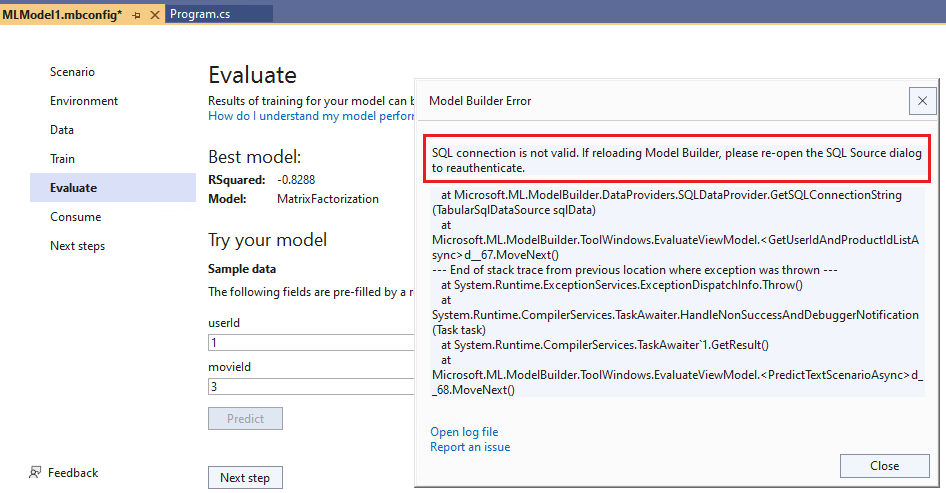 Recommendation: Predicted failed for Microsoft SQL Server data source after re-open mbconfig ...
