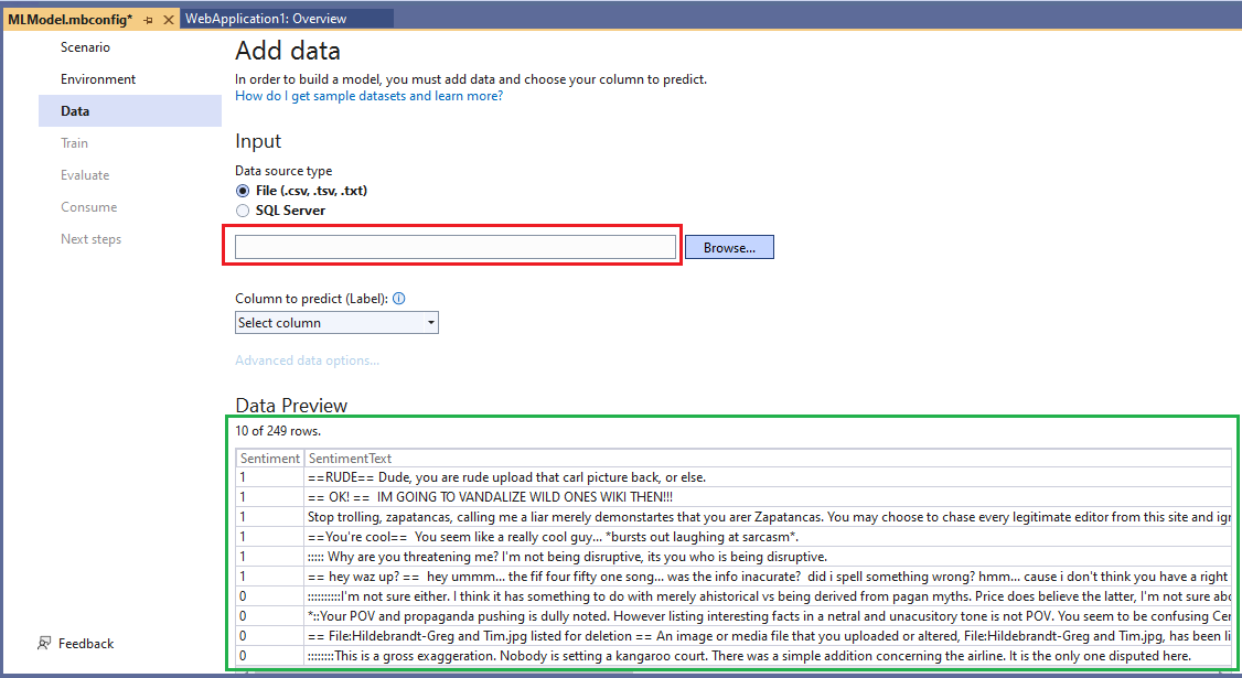 Unable to select the column · Issue #2622 · dotnet/machinelearning-modelbuilder · GitHub