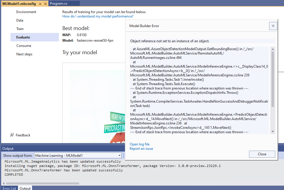 Object detection-Azure: Predicted failed and the generated projects are also running failed ...