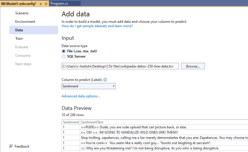 Unable to select the column · Issue #2622 · dotnet/machinelearning-modelbuilder · GitHub