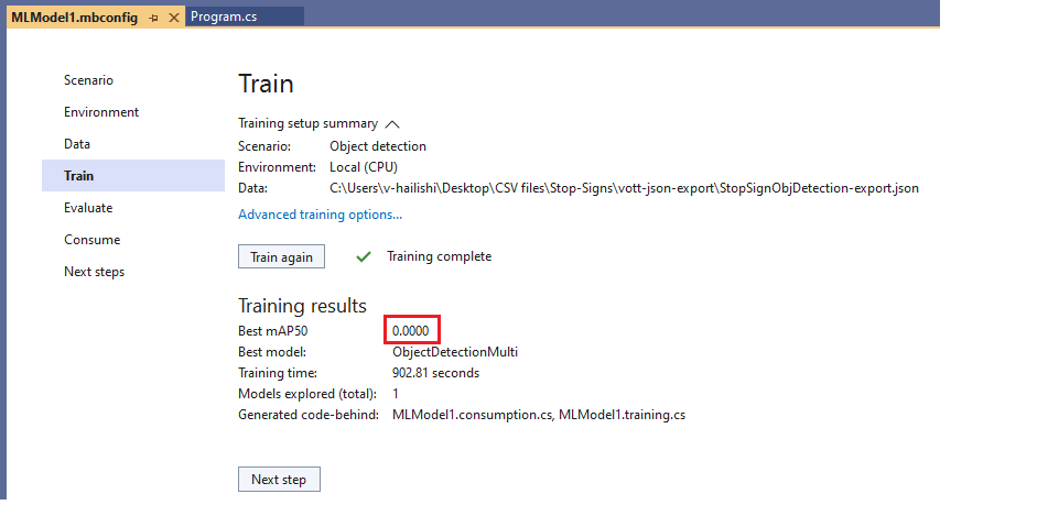 Object detection-Local-Vott: The best model's value is zero, predicted failed and the generated ...