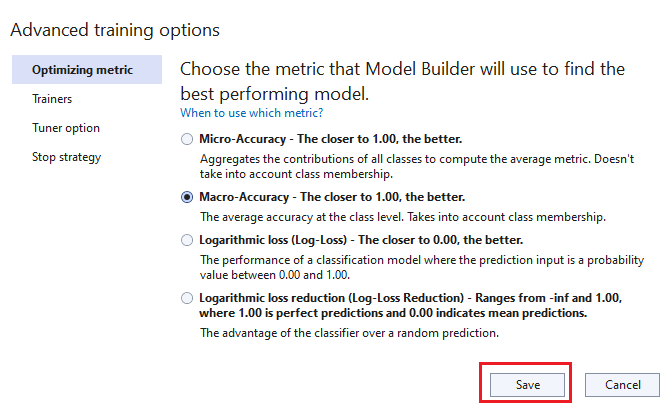 All Scenarios: The "Save" button should be disabled on the "Advanced training options" dialog ...