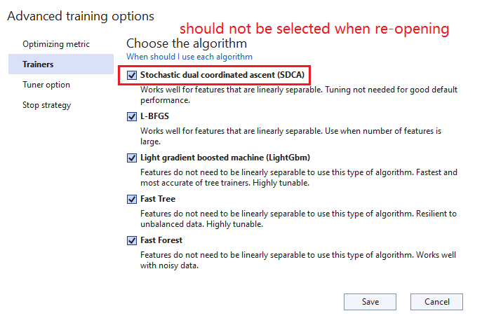 Data classification: The un-checked algorithm can be saved successfully to mbconfig file, but ...
