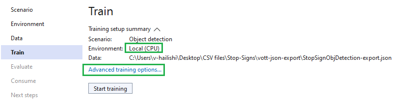 Object detection: "Advanced training options..." link should not be displayed on the Data page ...
