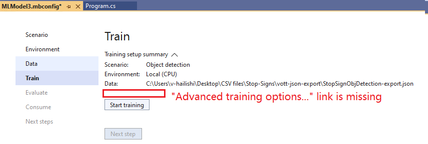 Object detection: "Advanced training options..." link should not be displayed on the Data page ...