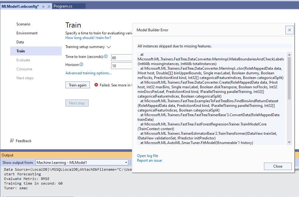 Forecasting: Training failed with error "All instances skipped due to missing features." when ...