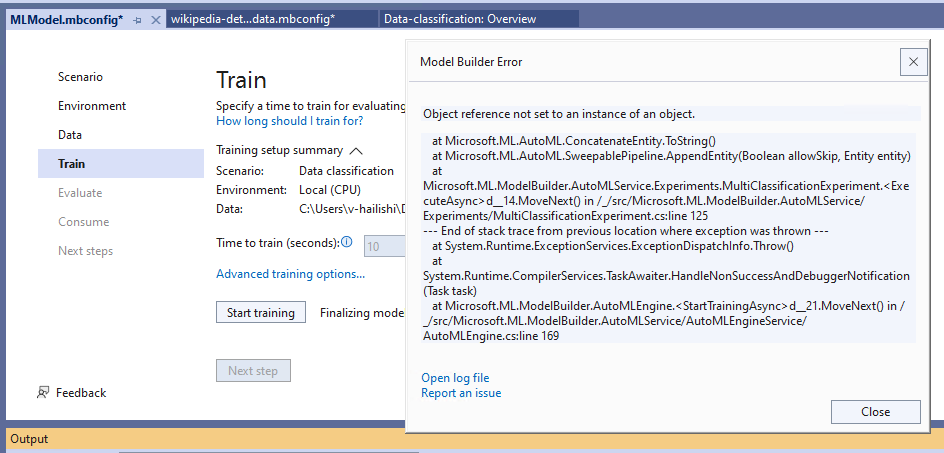 Data classification&Value predication: Training failed with error "Object reference not set to ...