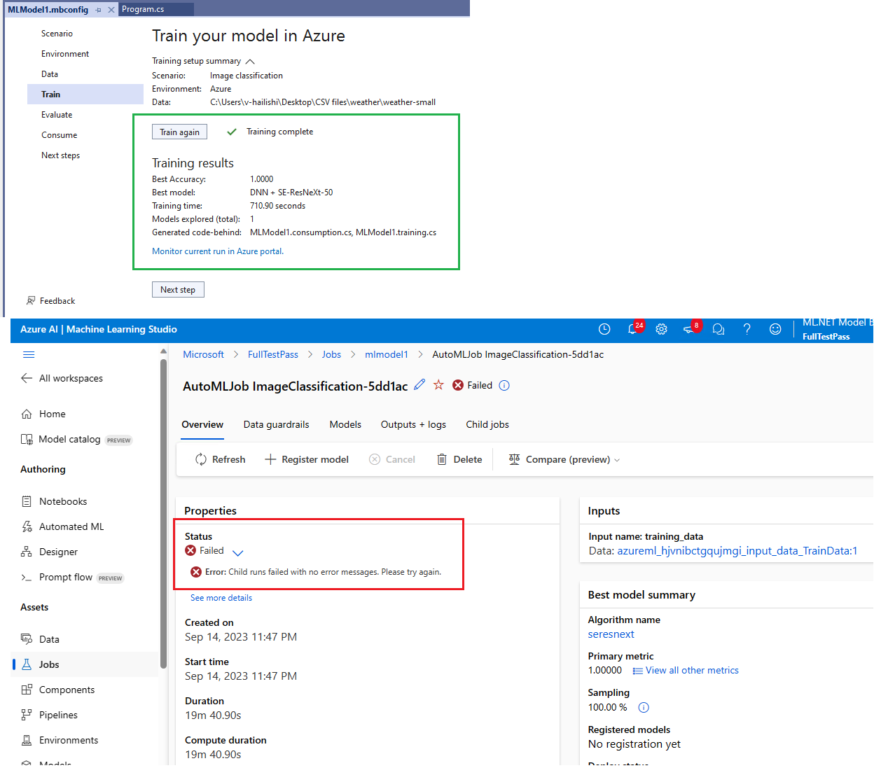 Azure scenarios are training successful in VS, but their status is "Failed" in Azure Portal ...