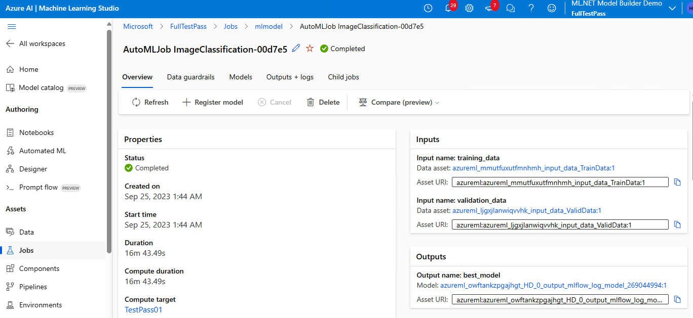 Azure scenarios are training successful in VS, but their status is "Failed" in Azure Portal ...