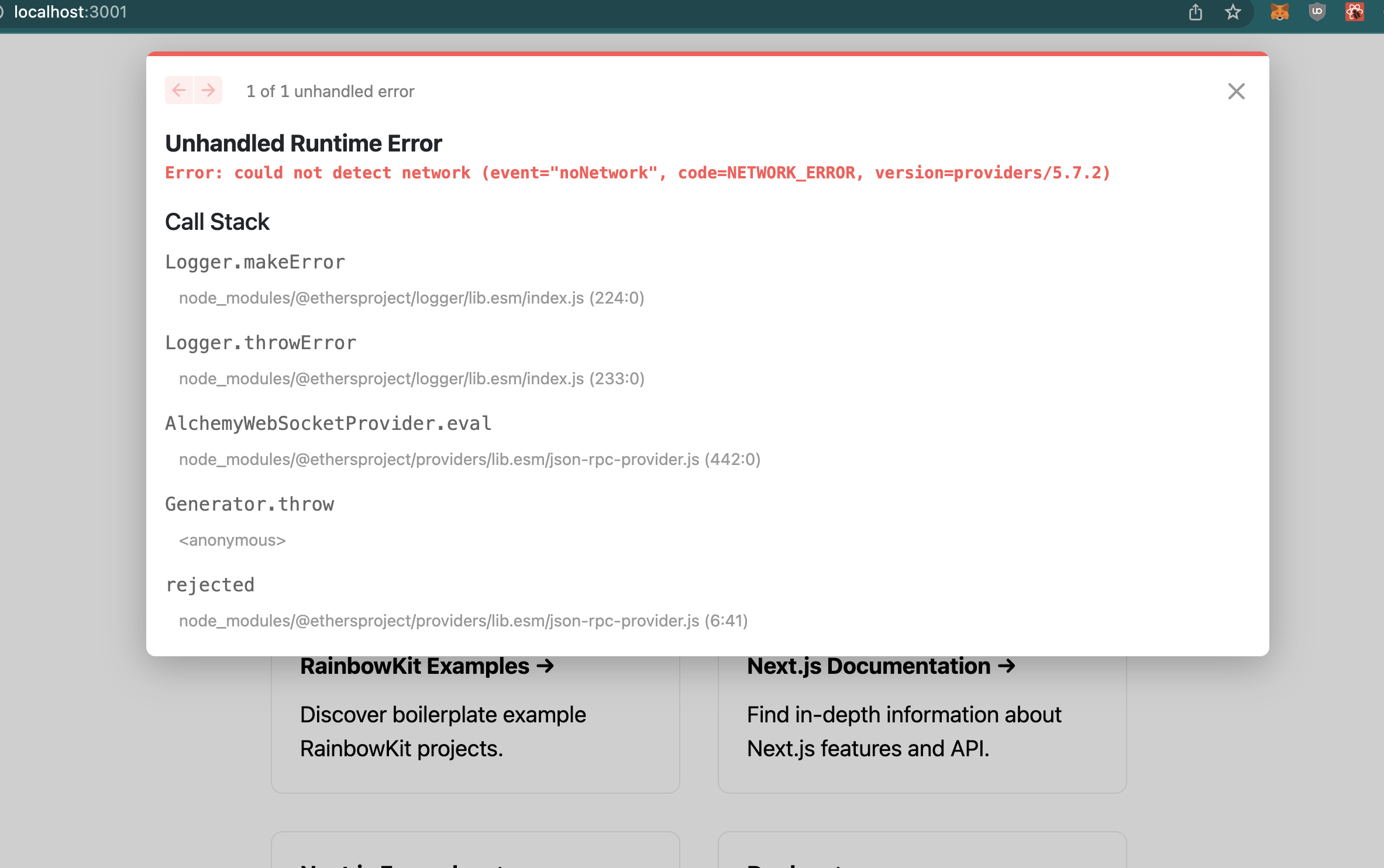 [bug] Error: could not detect network (event="noNetwork", code=NETWORK_ERROR, version=providers ...