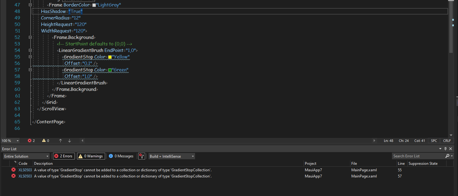 Linear gradient brushes throws an exception in XAML Editor. · Issue #4414 · dotnet/maui · GitHub