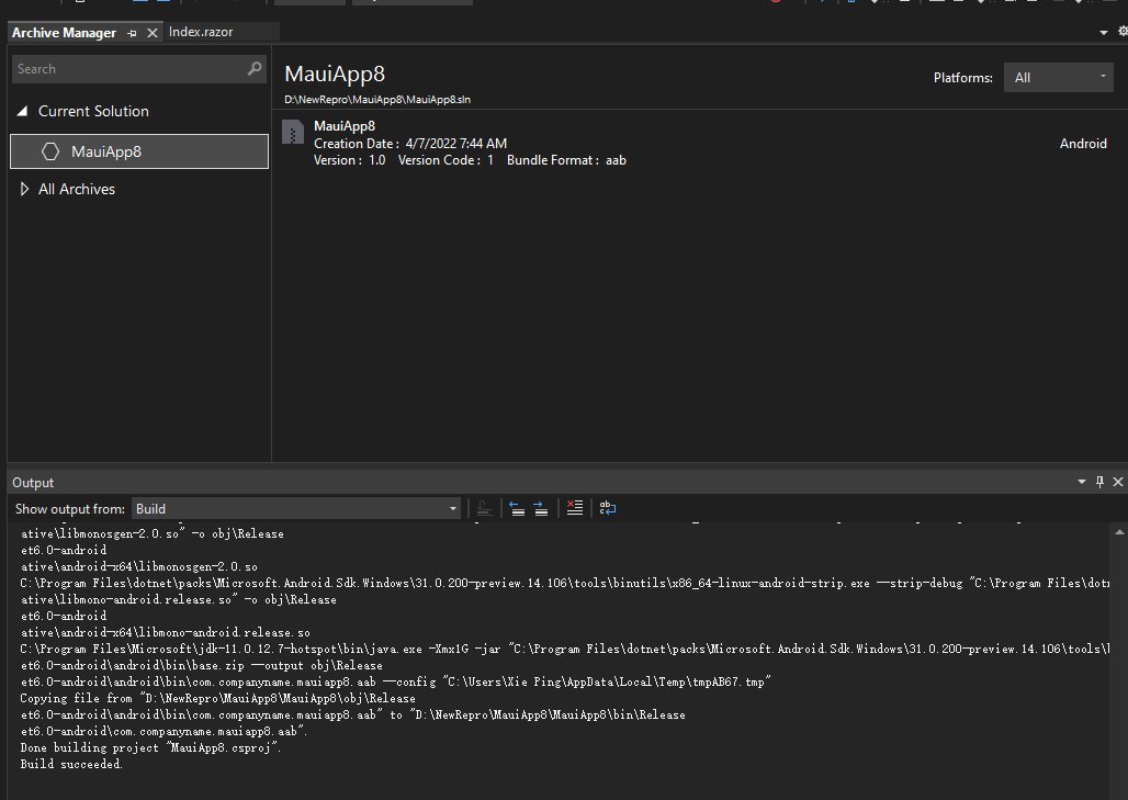 Creating android archive from VS 2022 17.2.0 preview 2.1 gives Error "Cannot create an android ...