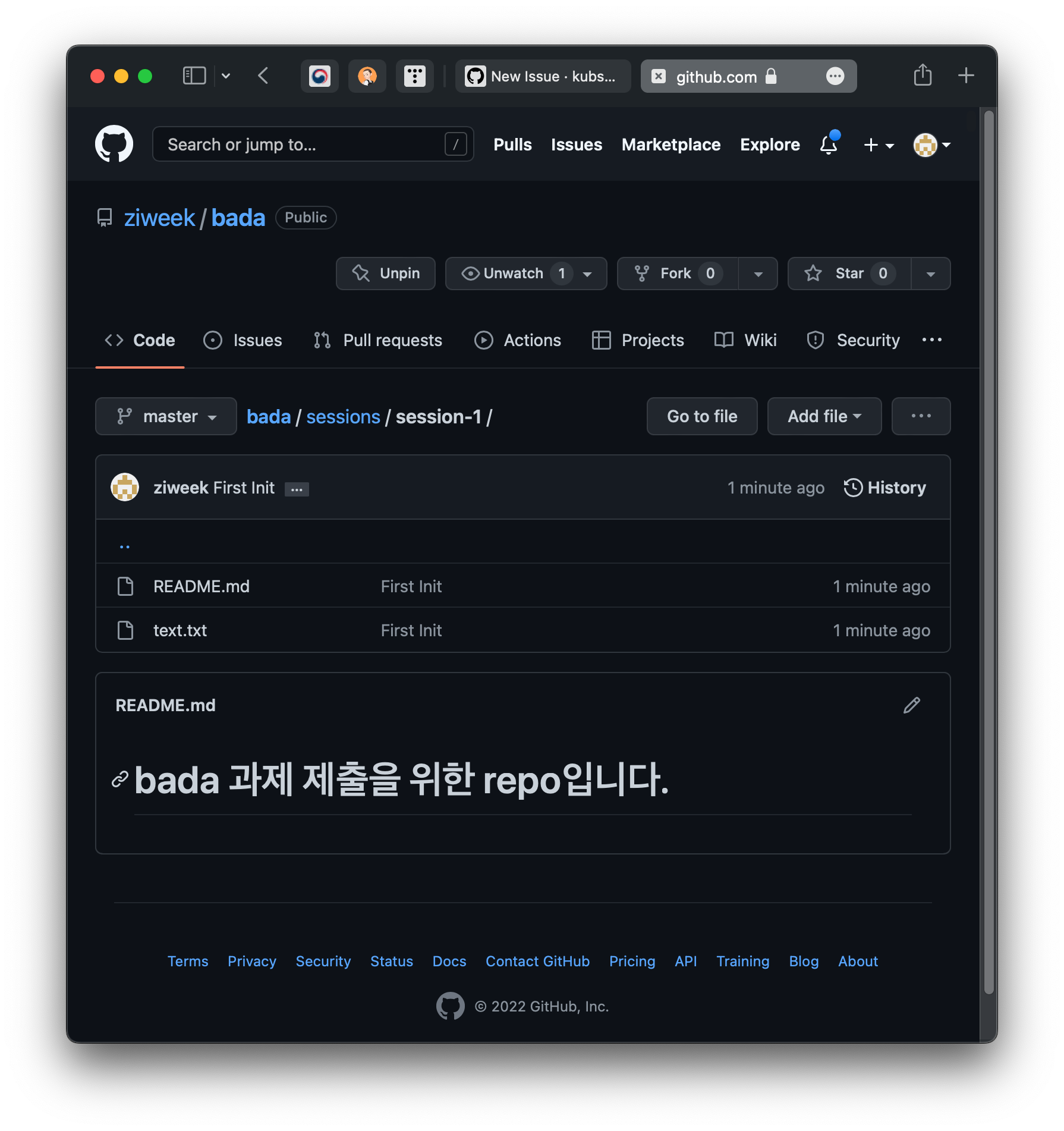No.1 : GitHub 기초 세션 - 과제 제출 · Issue #1 · kubs-bada/bada-2 · GitHub