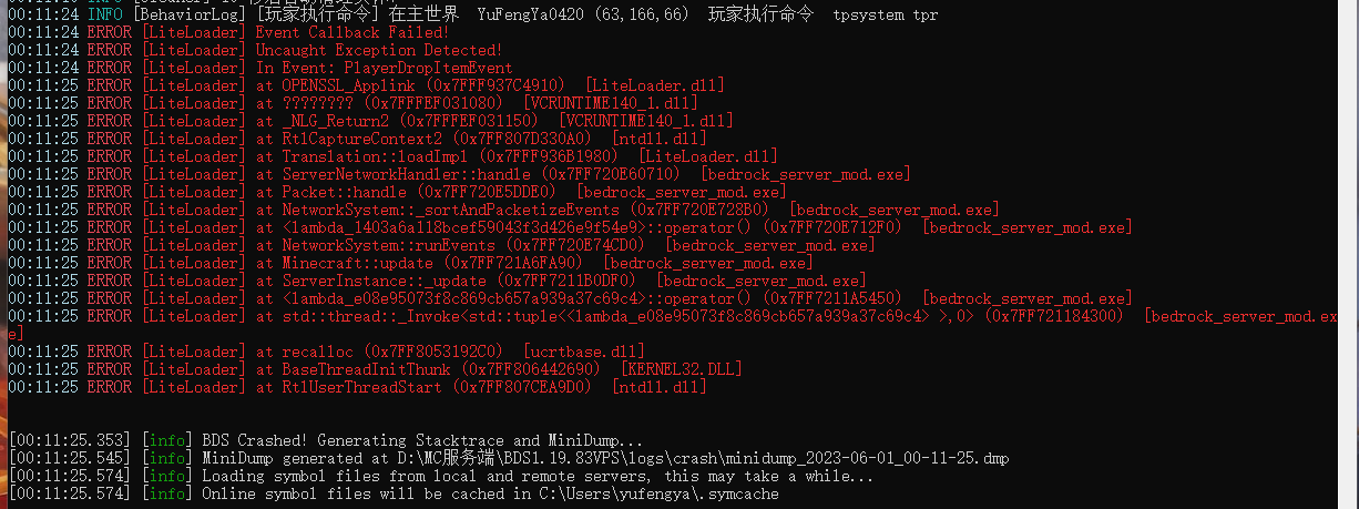 在有部分插件的情况下往未加载的区块中丢出物品会导致bds崩溃 · Issue #1281 · LiteLDev/LeviLamina · GitHub