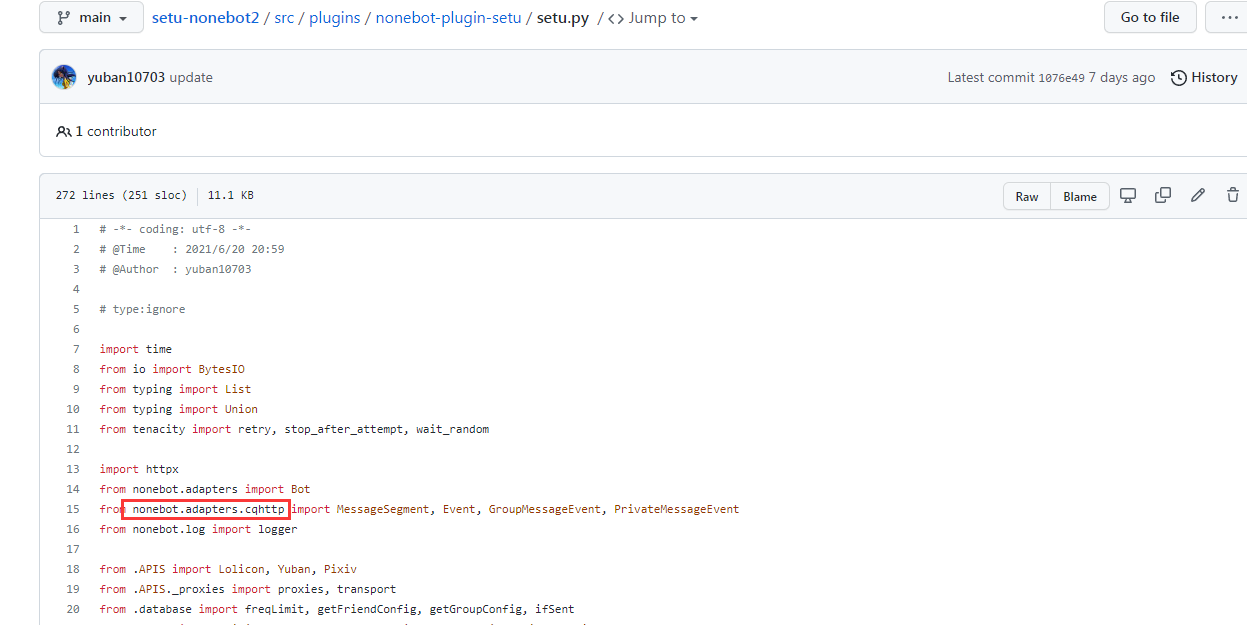 setu.py中的adapter还是a16的cqhttp · Issue #6 · yuban10703/setu-nonebot2 · GitHub