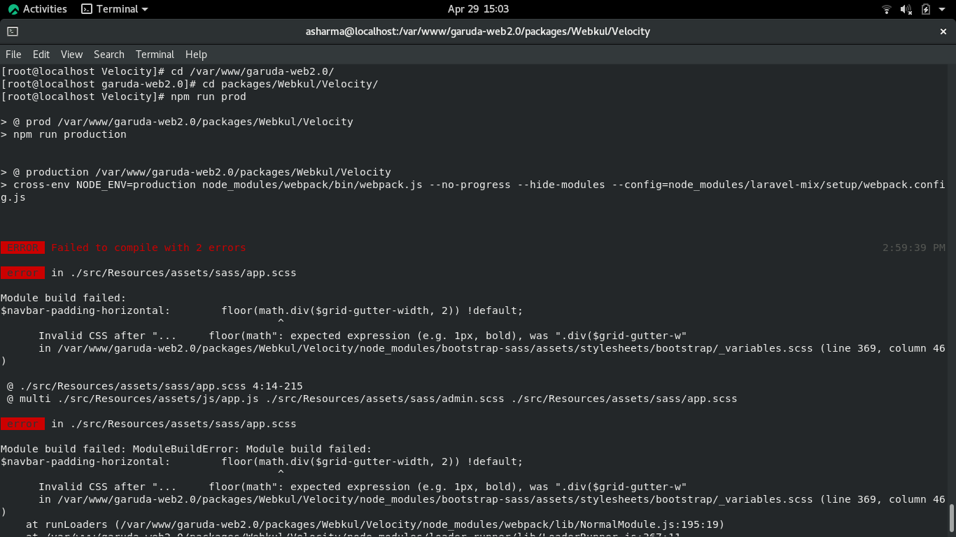 npm commands are throwing errors in Velocity package in bagisto version: 1.2.0 · Issue #6374 ...