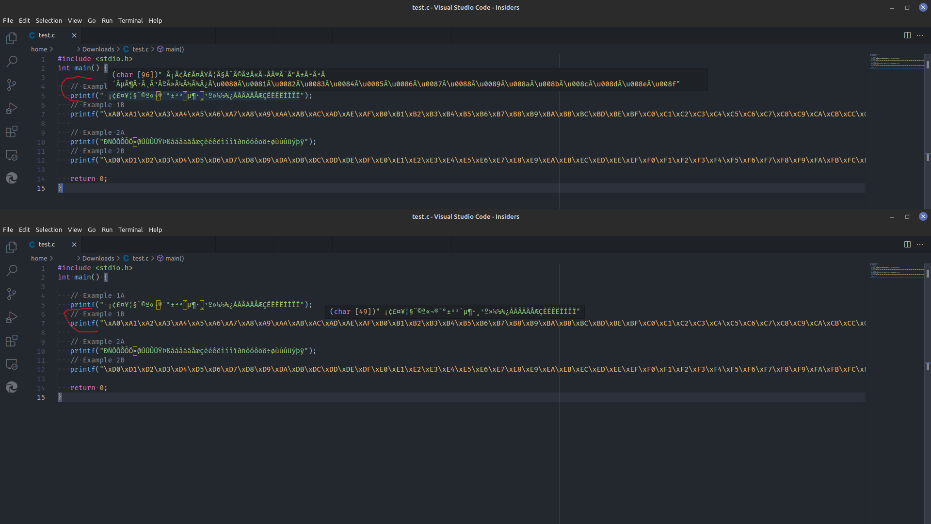 Hover over single-byte string literals should reflect the source's text ...