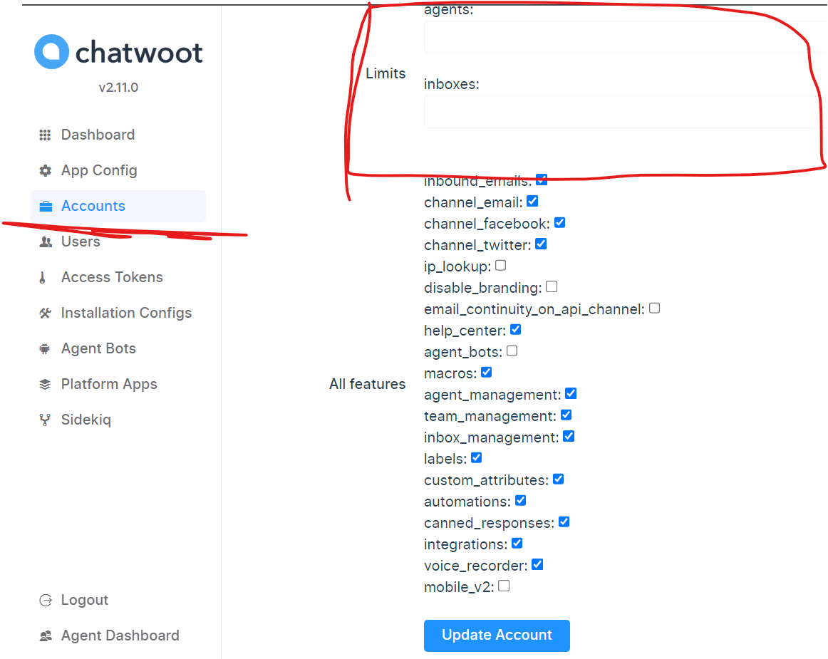 Account limit exceeded. Upgrade to a higher plan · Issue #5922 · chatwoot/chatwoot · GitHub