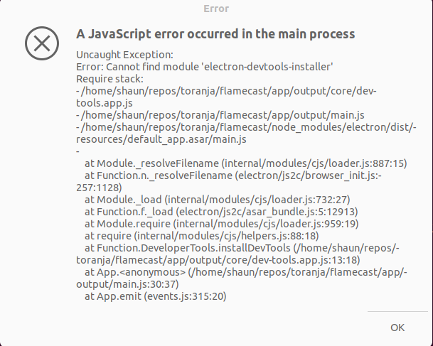 Cannot find module 'electron-devtools-installer' when running "npm start" · Issue #4 · toranjas ...