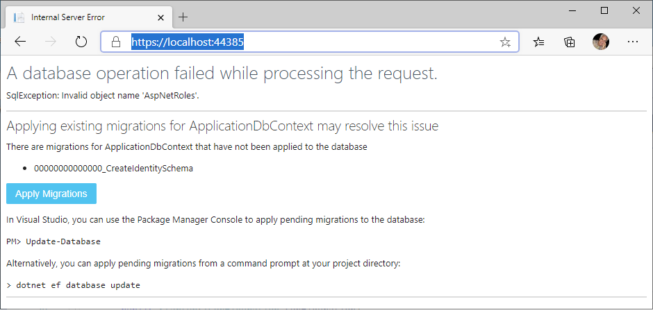 A database operation failed while processing a request. Apply existing migrations for ...