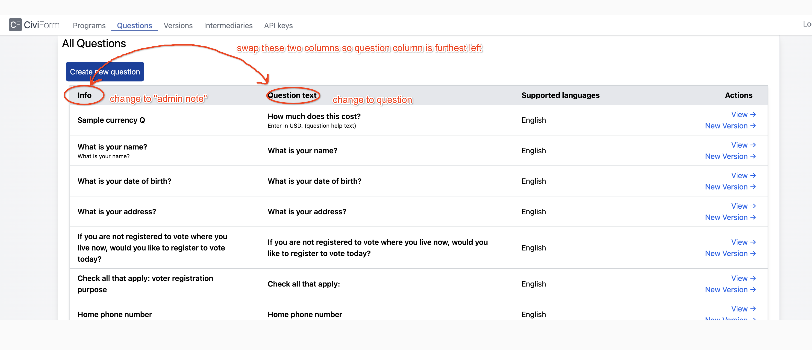 CiviForm Admin UX: Switch the order of the columns on the question page · Issue #3076 · civiform ...