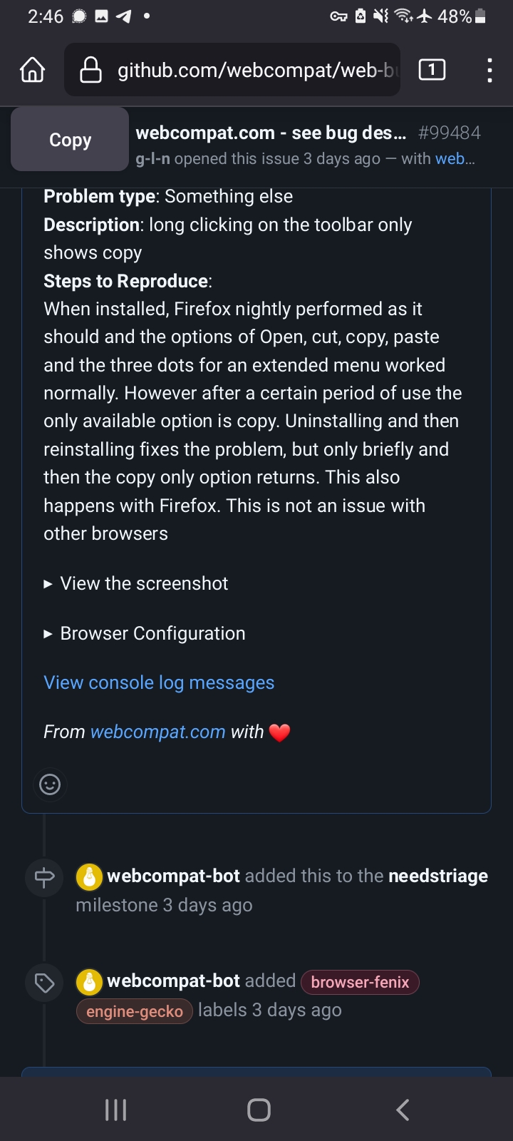 webcompat.com - Long pressing the address bar displays only the "Copy" option · Issue #99484 ...