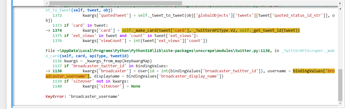 KeyError: 'broadcaster_username' at scraping Twitter tweets · Issue #810 · JustAnotherArchivist ...
