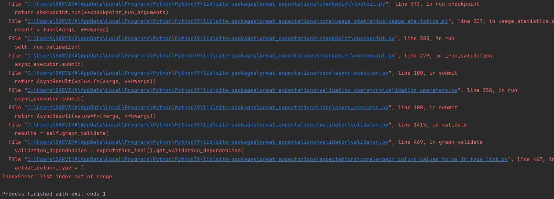 "list index out of range exception" after deleting the column from CSV for which expectations ...