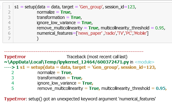 TypeError: setup() got an unexpected keyword argument 'numerical_features' · pycaret pycaret ...