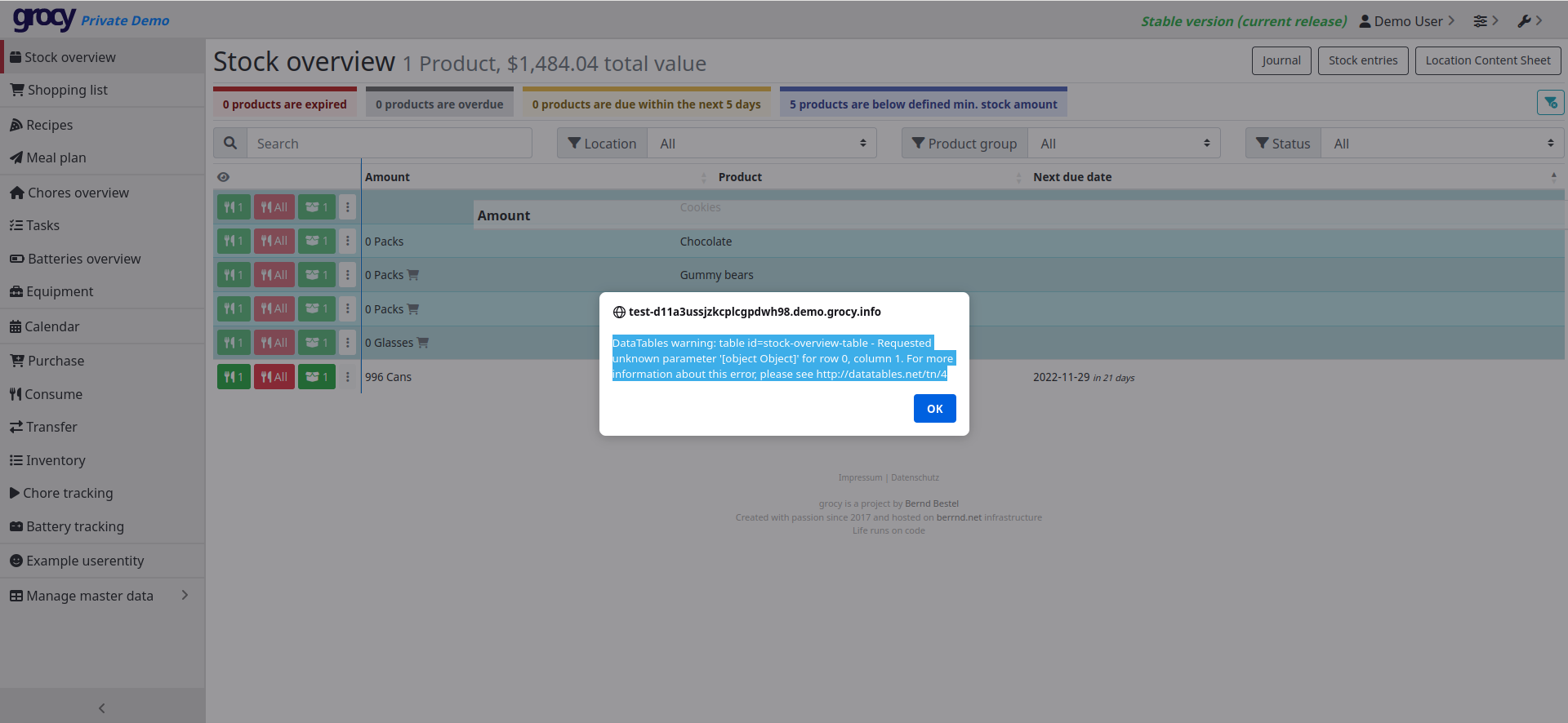 Bug: Error when tyring to move columns on stock overview · Issue #2035 · grocy/grocy · GitHub
