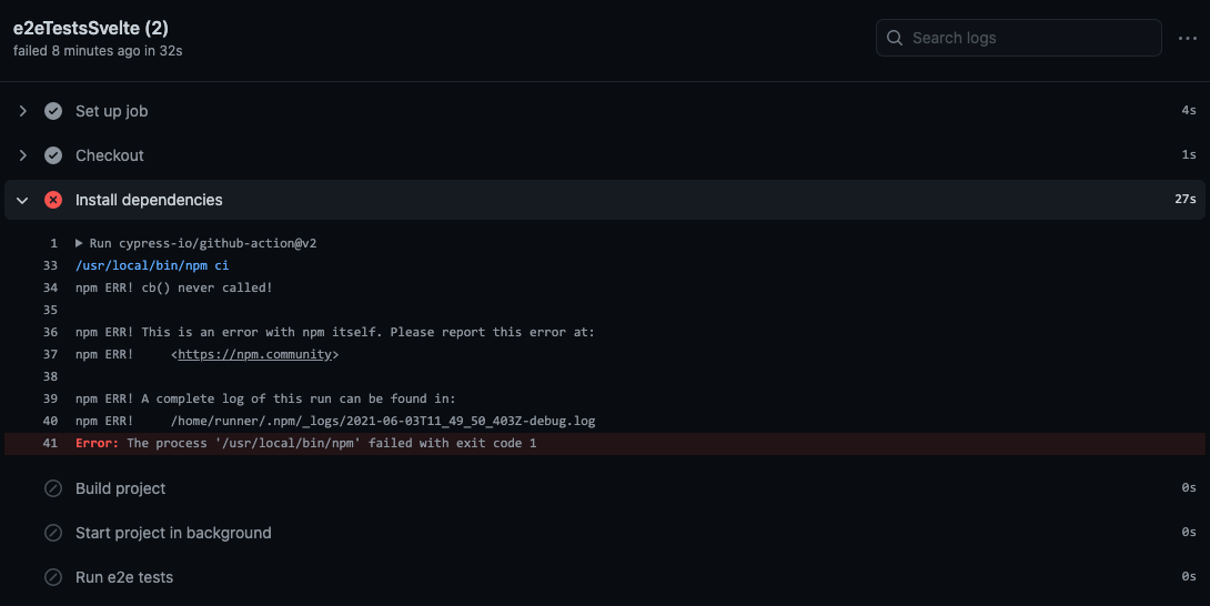 I'm starting to get the error /usr/local/bin/npm ci npm ERR! cb() never called! · Issue #384 ...