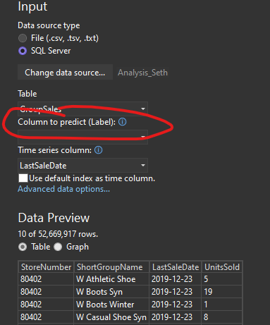 "Column to predict (Label):" combobox has no options for SQL Server data source · Issue #2176 ...
