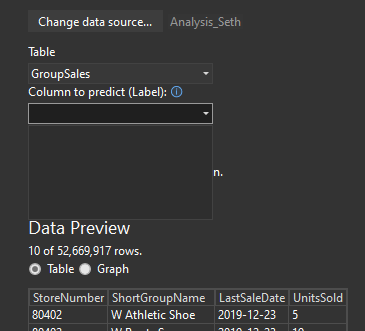 "Column to predict (Label):" combobox has no options for SQL Server ...