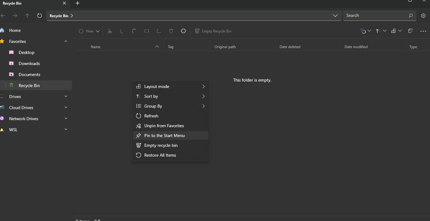 Feature: Allow pining recycle bin to start in right click option ...